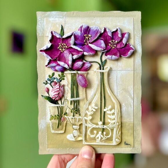 Wall Decor | Vintage 3d Purple Flowers In Vase Plaque Wall Hanging Home ...